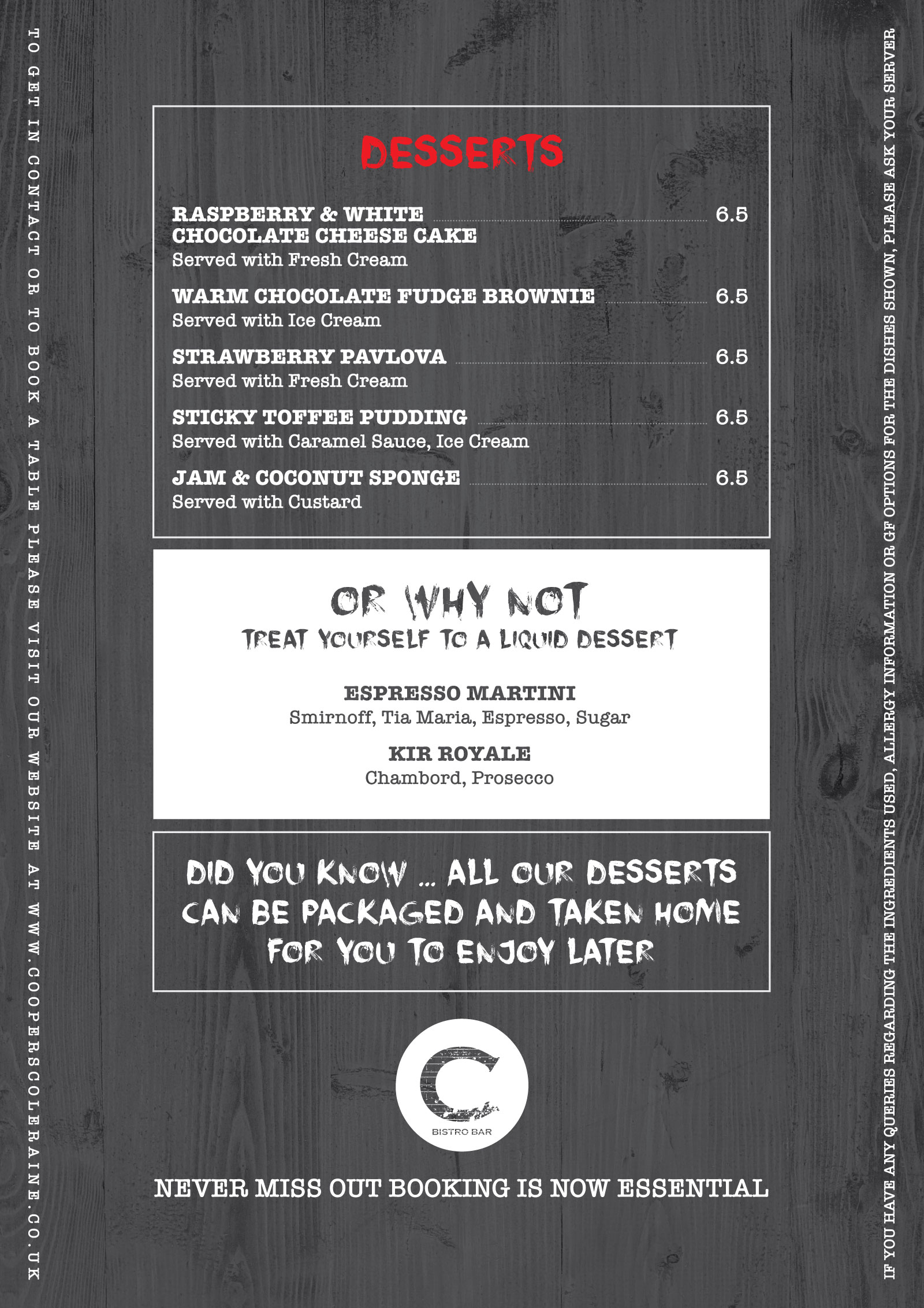Coopers Coleraine :: Menus